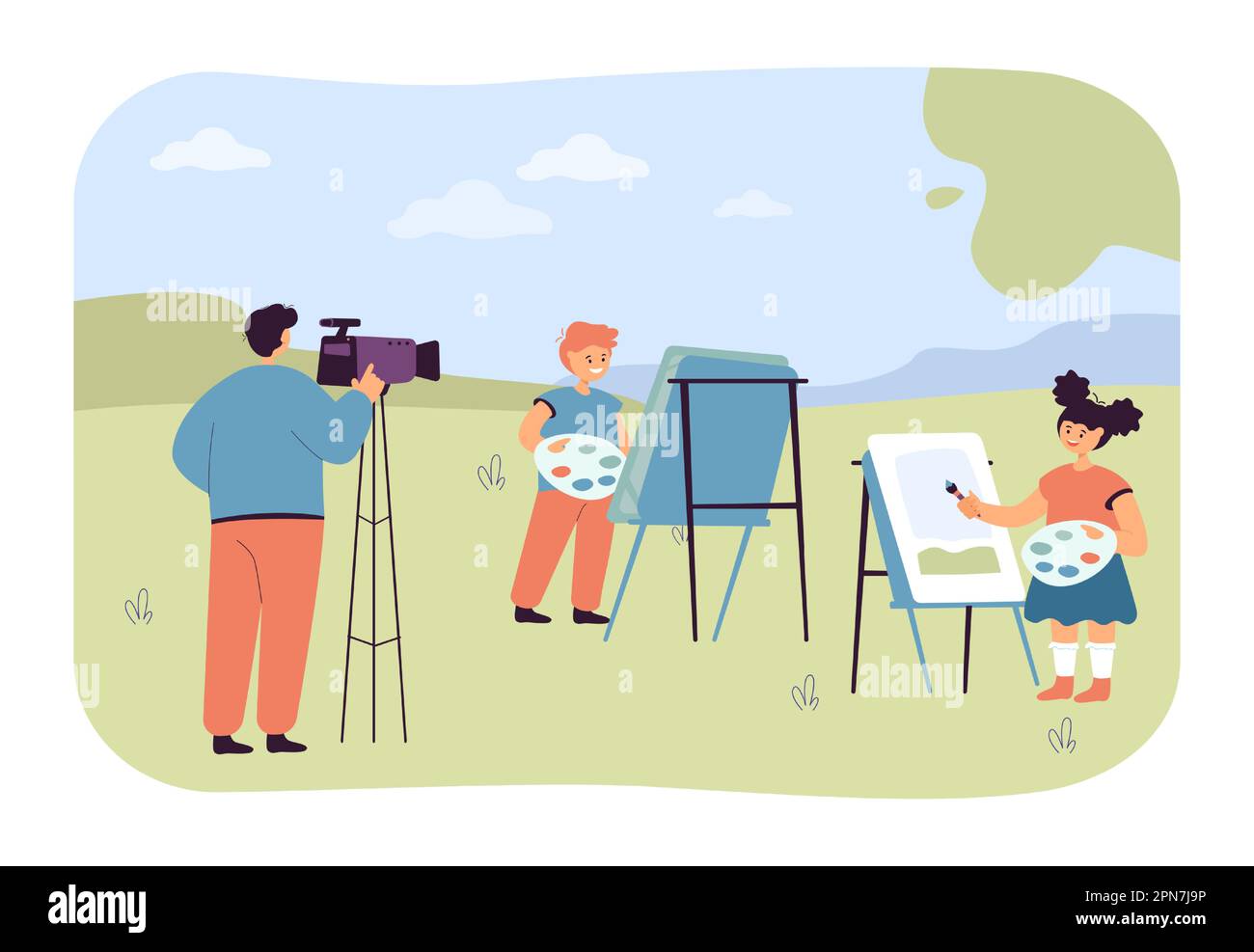 Cameraman filming kids painting outdoor flat vector illustration Stock ...