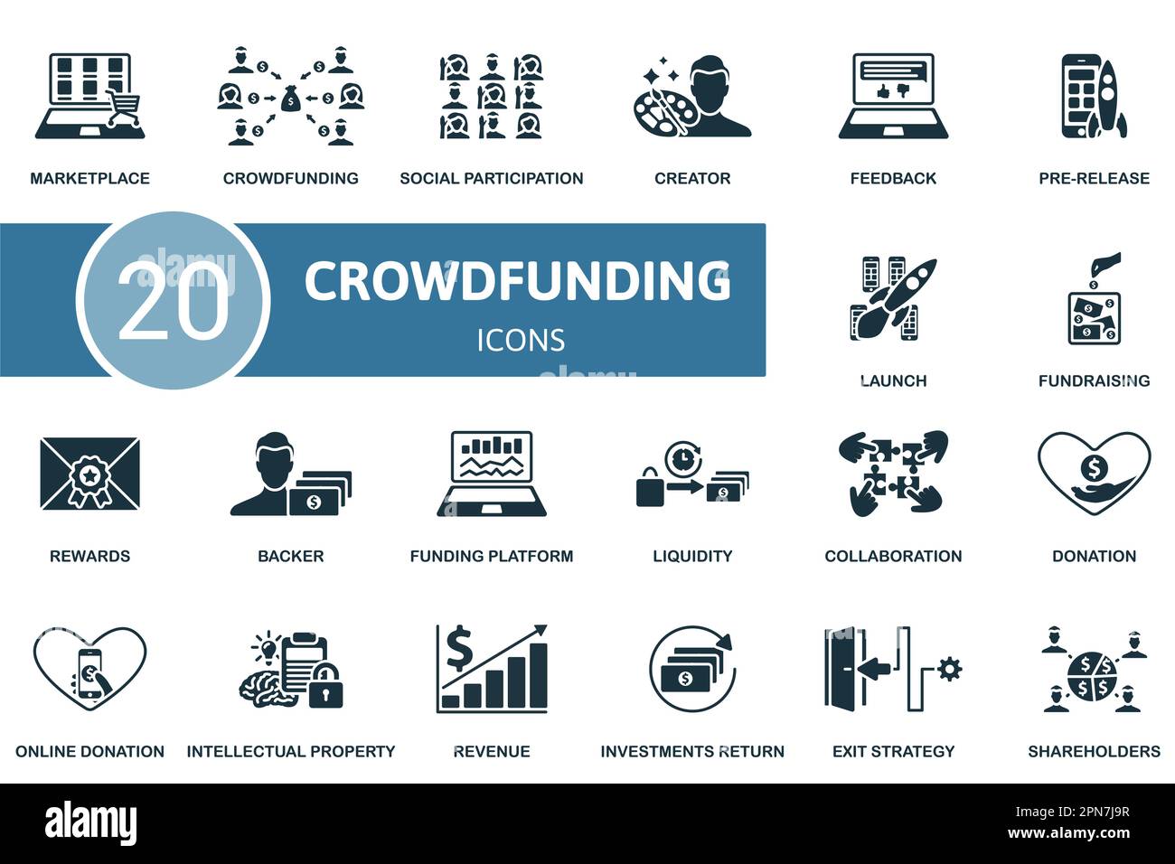 Crowdfunding set. Creative icons: marketplace, crowdfunding, social participation, creator ...