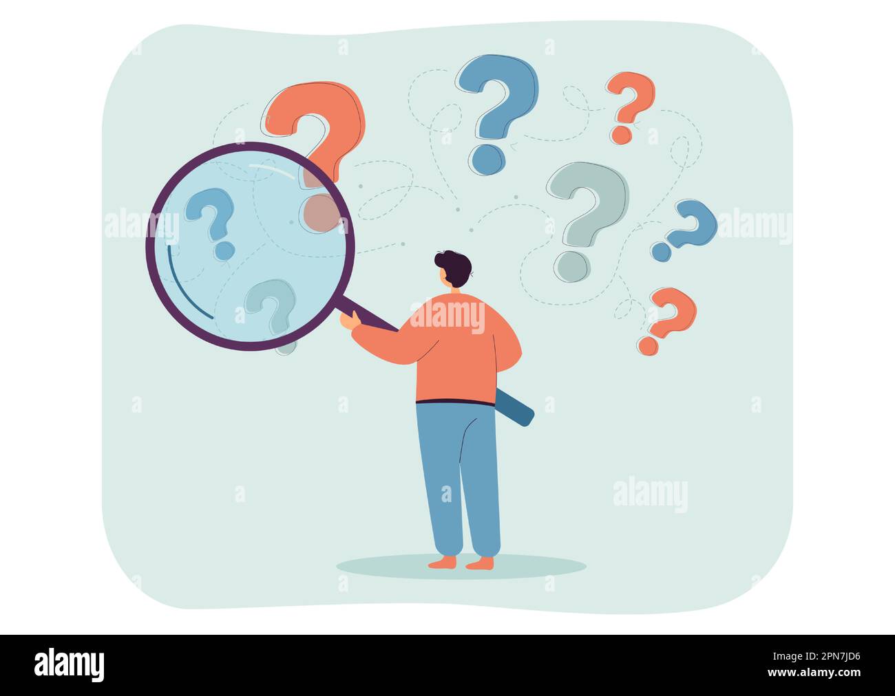 Tiny character looking at question mark through magnifying glass Stock ...