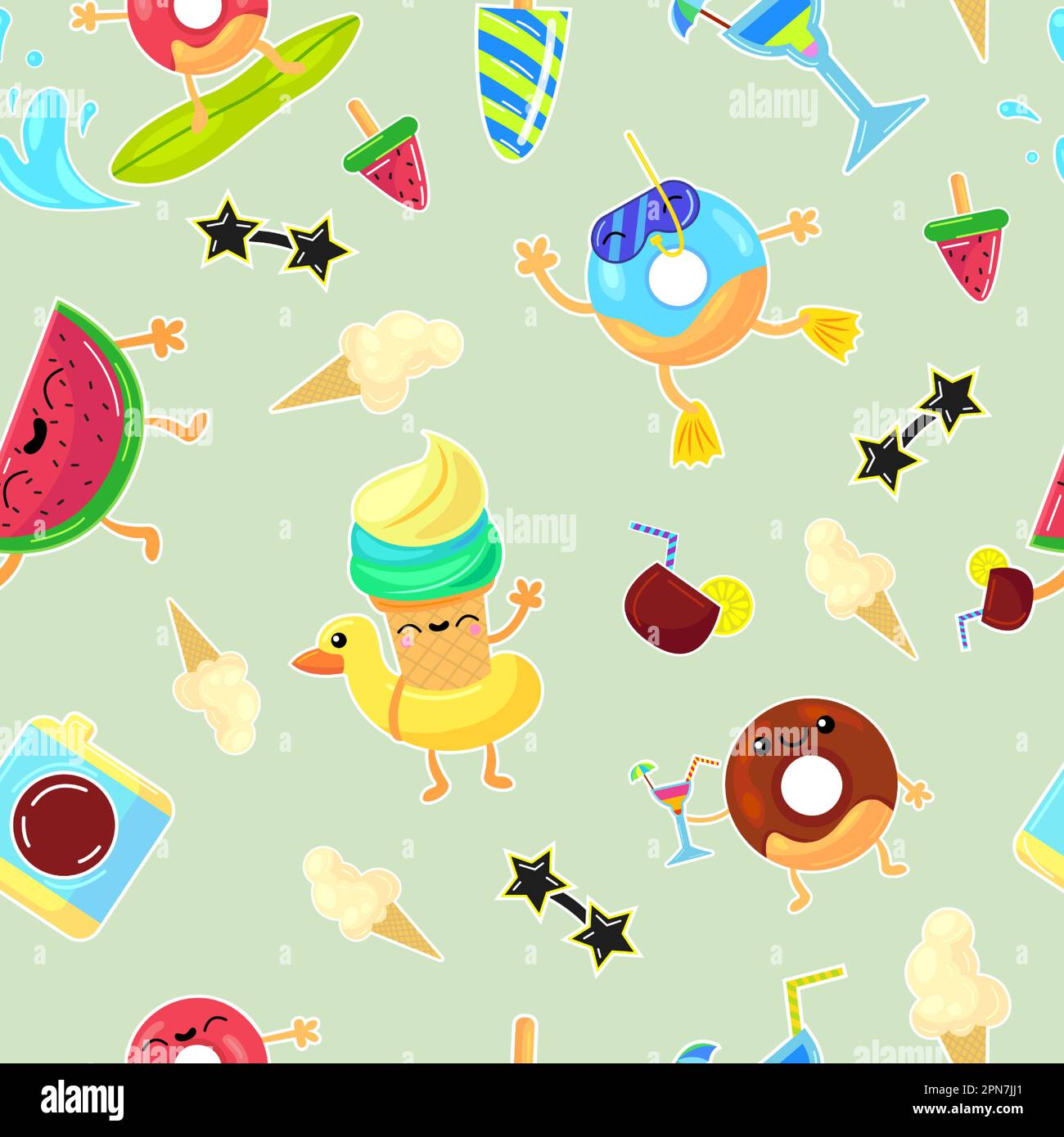 Beach party with set of cute food characters in seamless pattern Stock ...