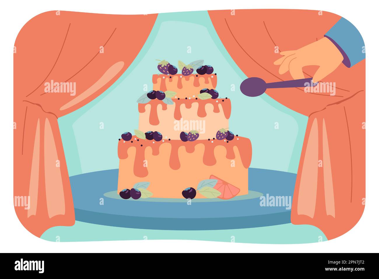 Spoon in human hand and festive cake flat vector illustration Stock ...