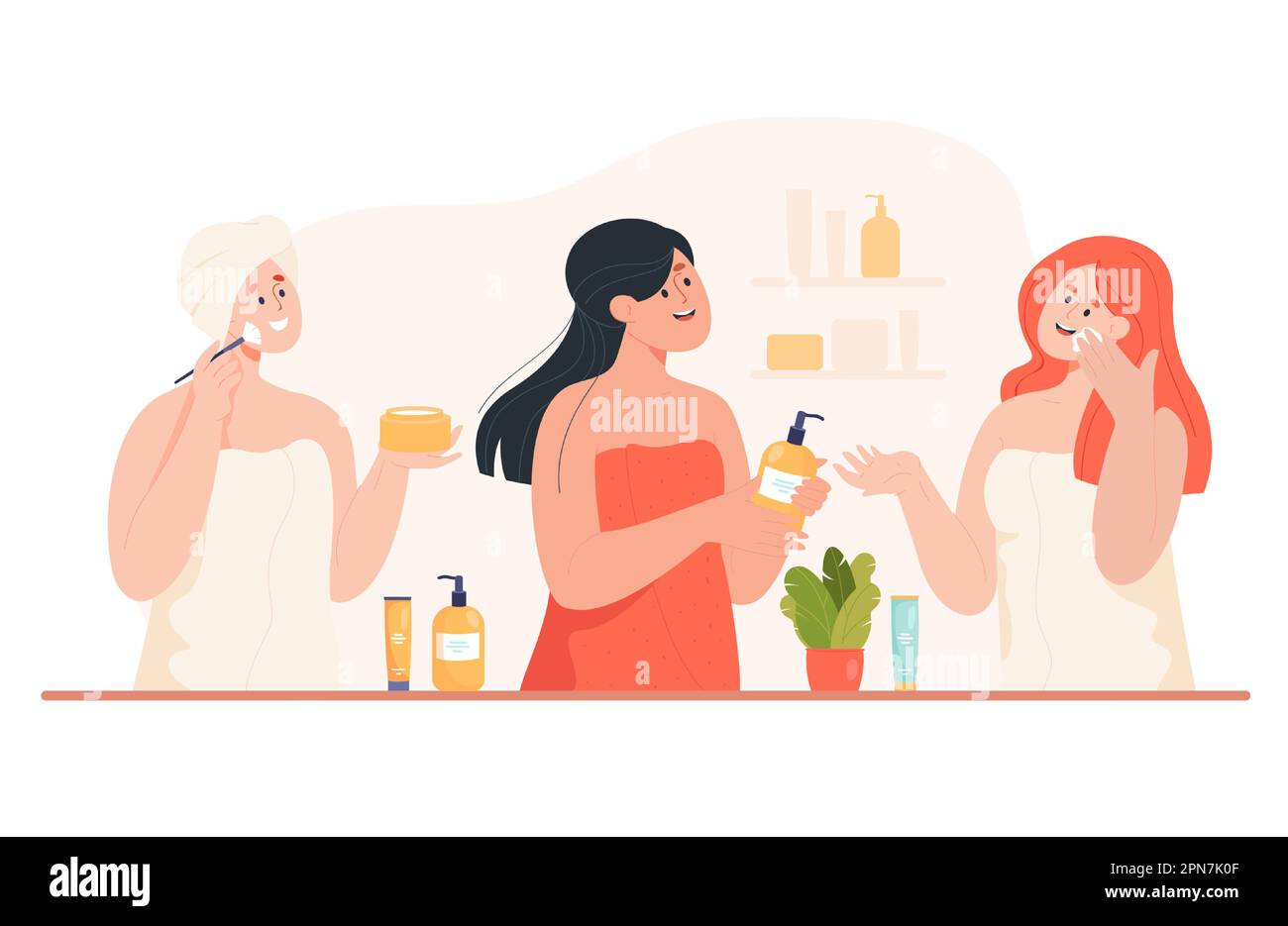 Cartoon girls doing morning routine in bathroom together Stock Vector ...