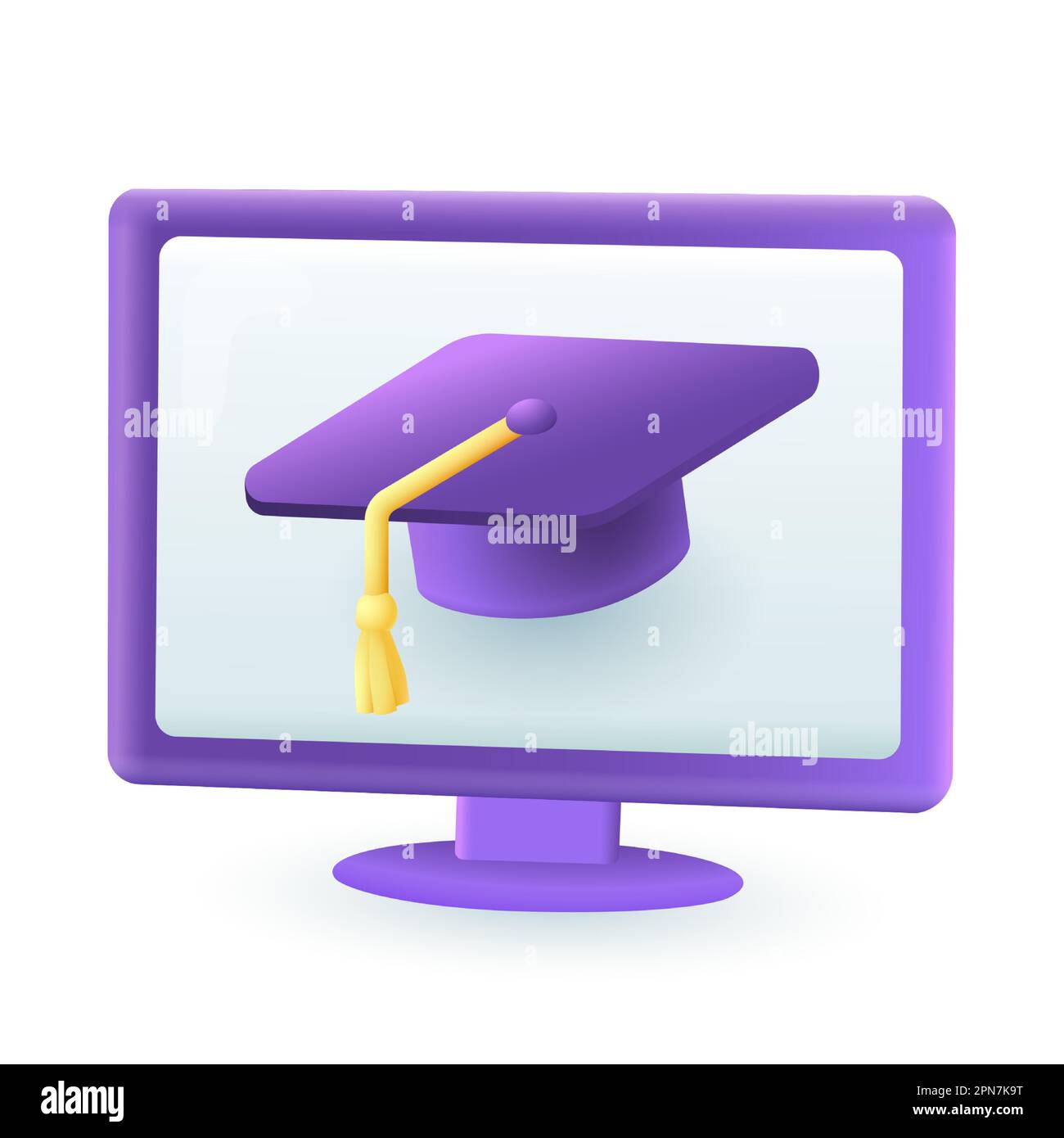Purple graduation cap with tassel on computer monitor 3D icon Stock ...