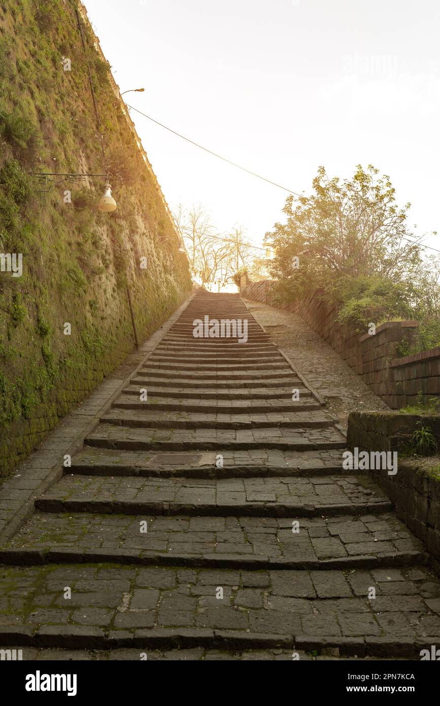 Naples - Italy - February 2, 2023:long stairway connecting the upper ...
