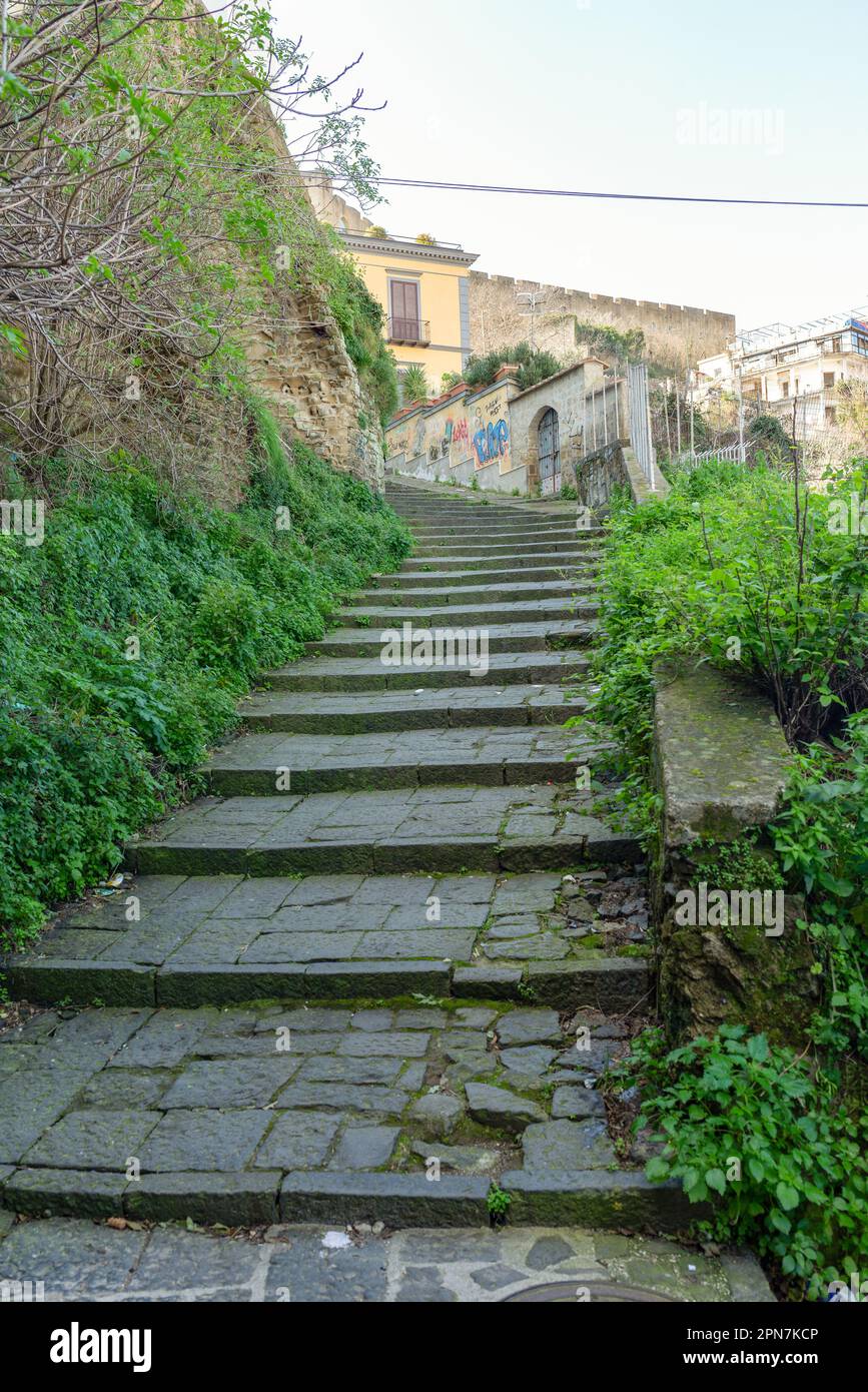 Naples - Italy - February 2, 2023:long stairway connecting the upper ...