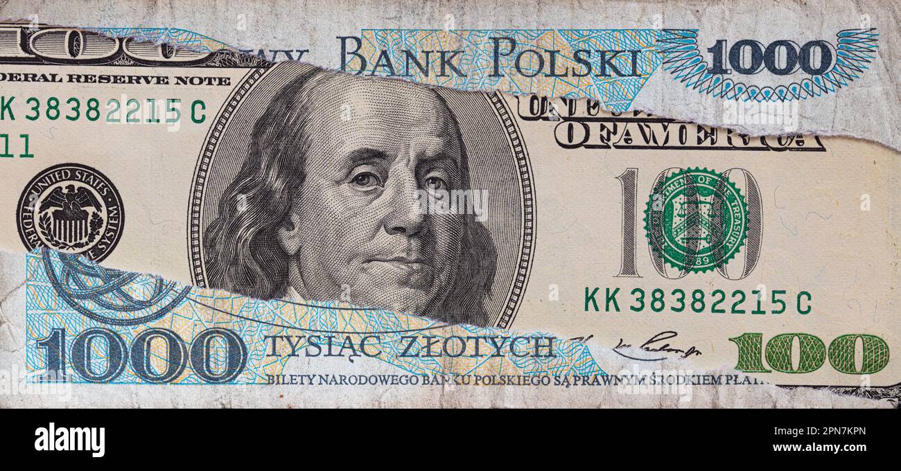 100 dollar banknote through torn 1000 Polish zloty banknote for design ...