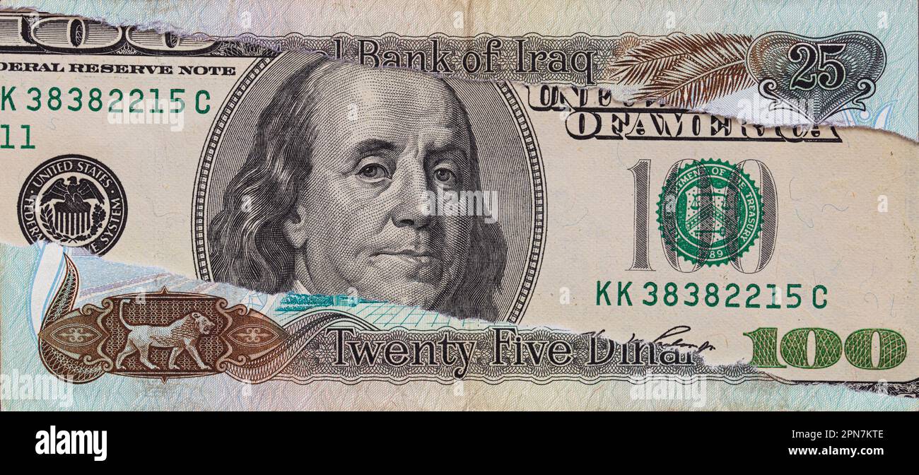 100 dollar banknote through torn Iraqi dinar banknote for design ...