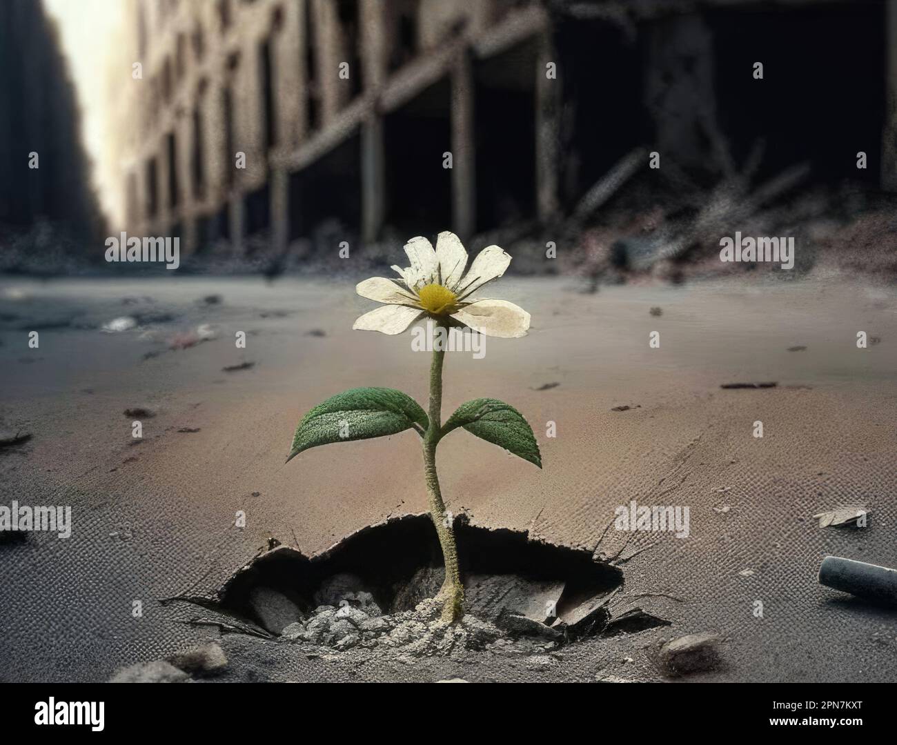 A beautiful little flower grows out of asphalt. Devastation after the ...