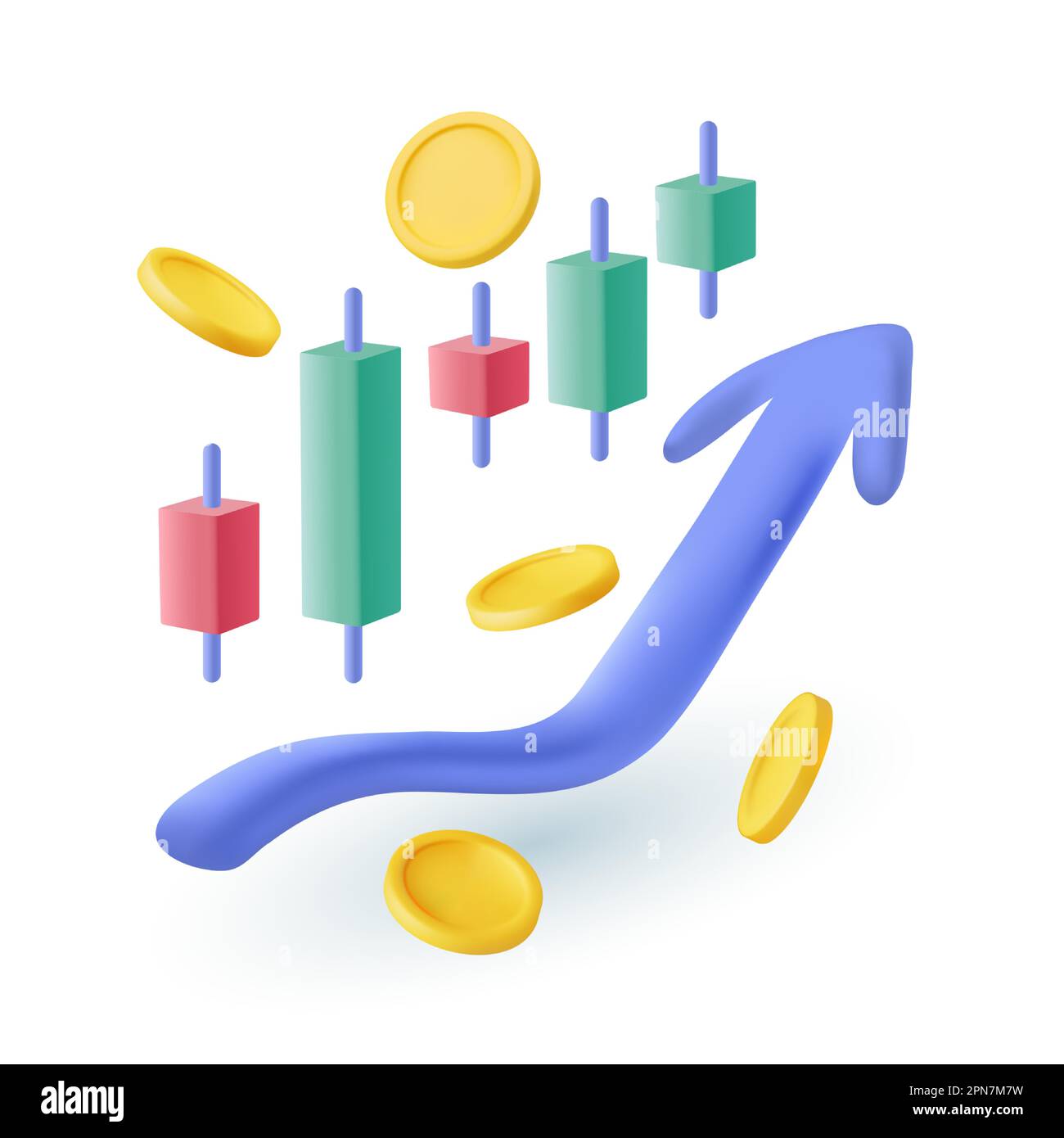Candlestick chart with upward arrow and gold coins 3D icon Stock Vector ...