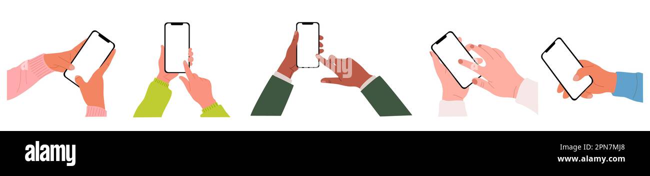 Different Hands Holding Mobile Phones Vector Set Stock Vector Image