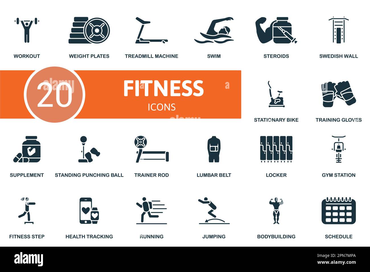 Fitness set. Creative icons: workout, weight plates, treadmill machine ...