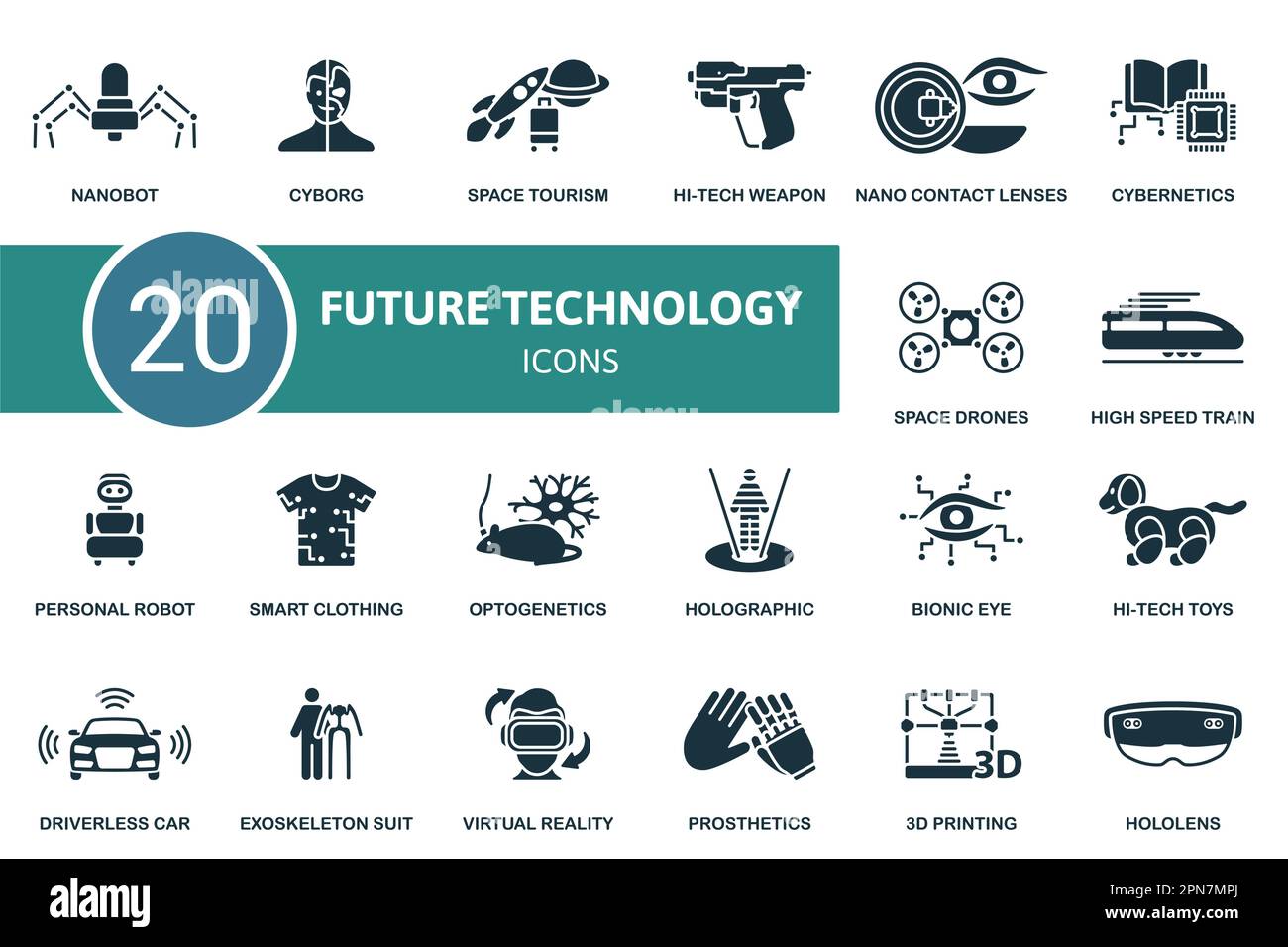 Future technology set. Creative icons: nanobot, cyborg, space tourism ...