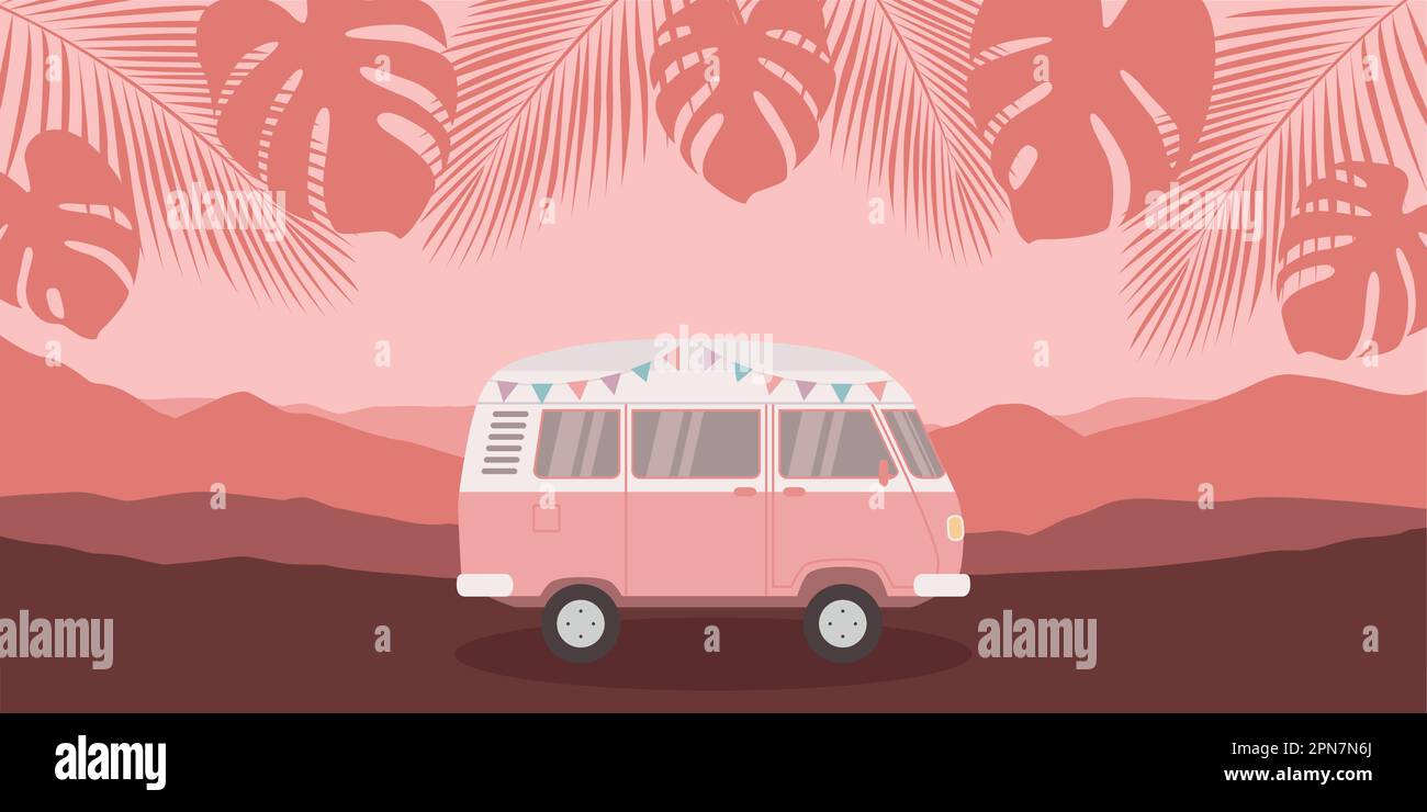 camper van on summer holiday palm background in the mountains Stock ...