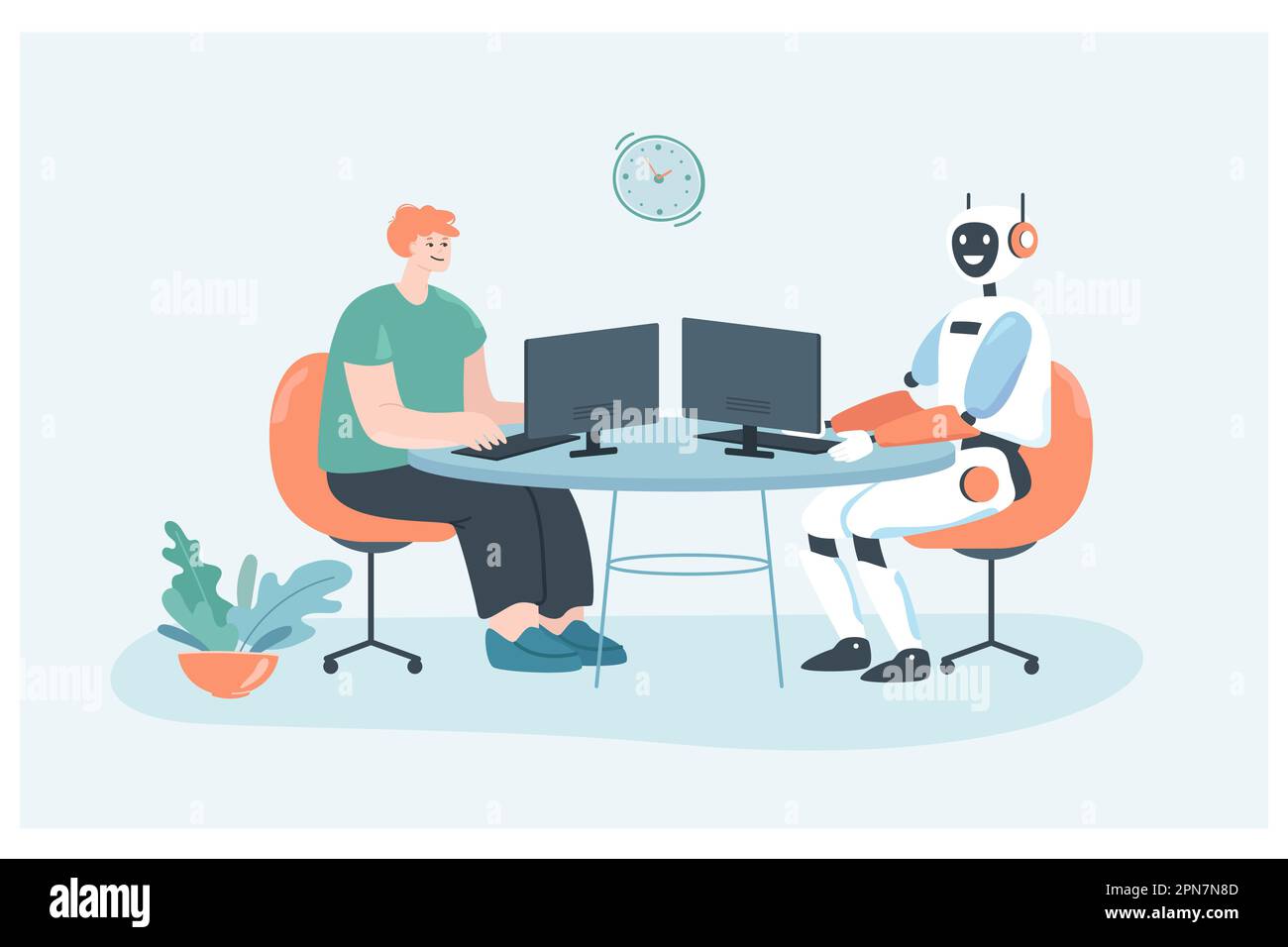 Friendship between male office worker and modern robot Stock Vector ...
