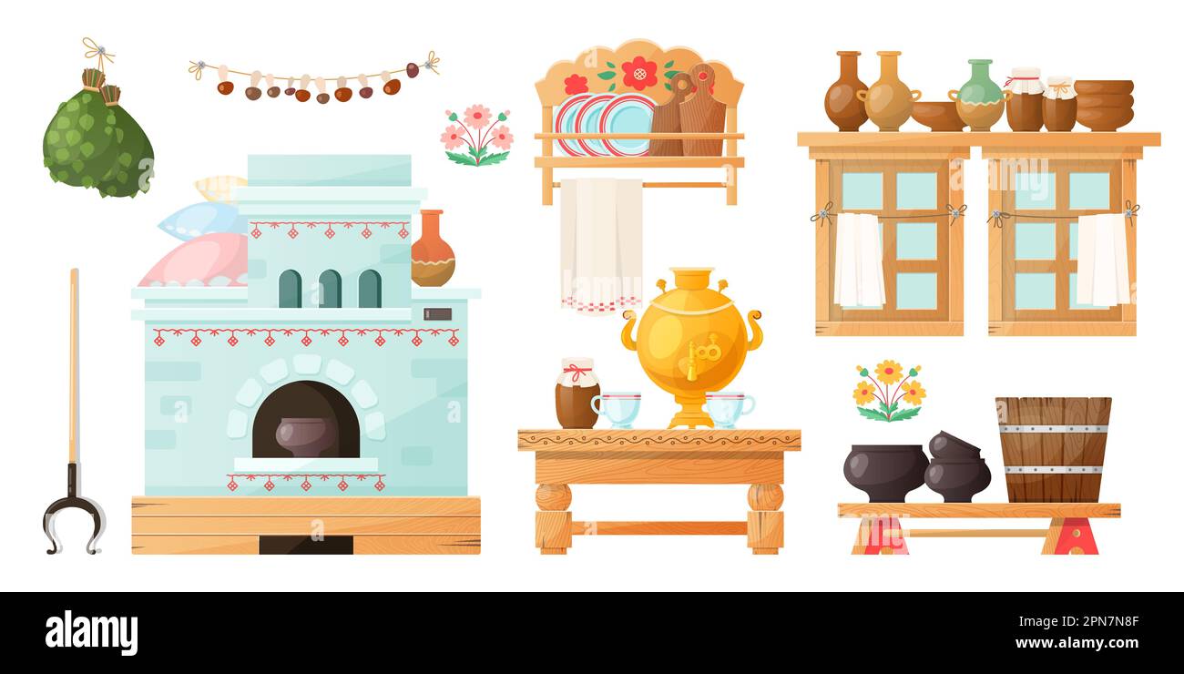 Old Russian hut interior elements vector illustrations set Stock Vector ...