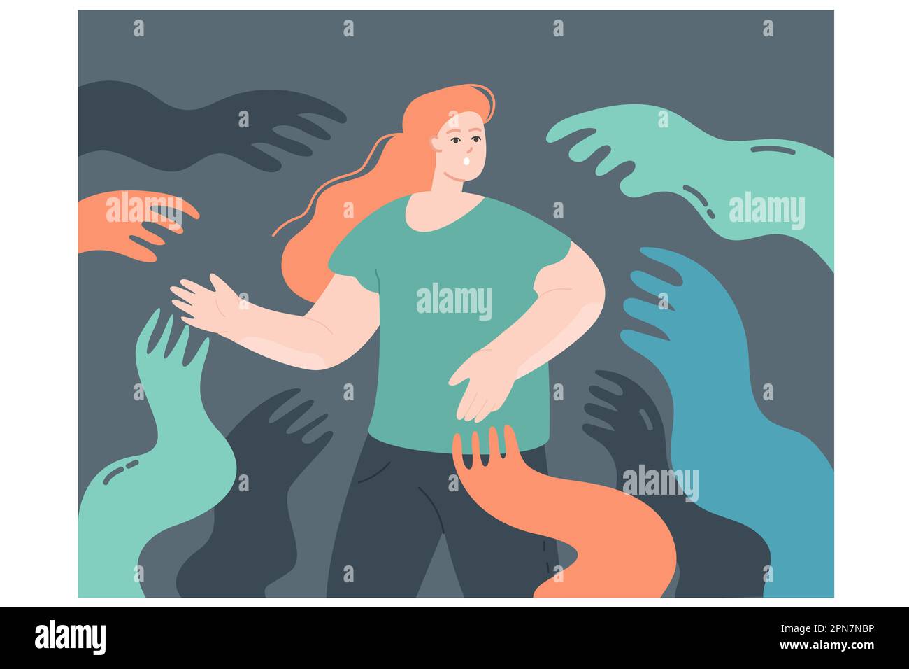 Man surrounded by giant creeping hands flat vector illustration Stock ...