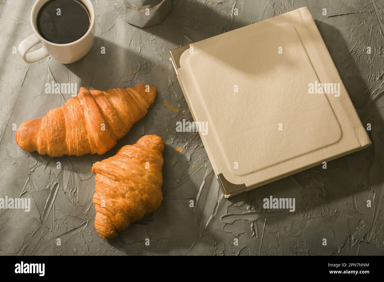 Still life for pleasant morning coffee turk cup and croissants with ...