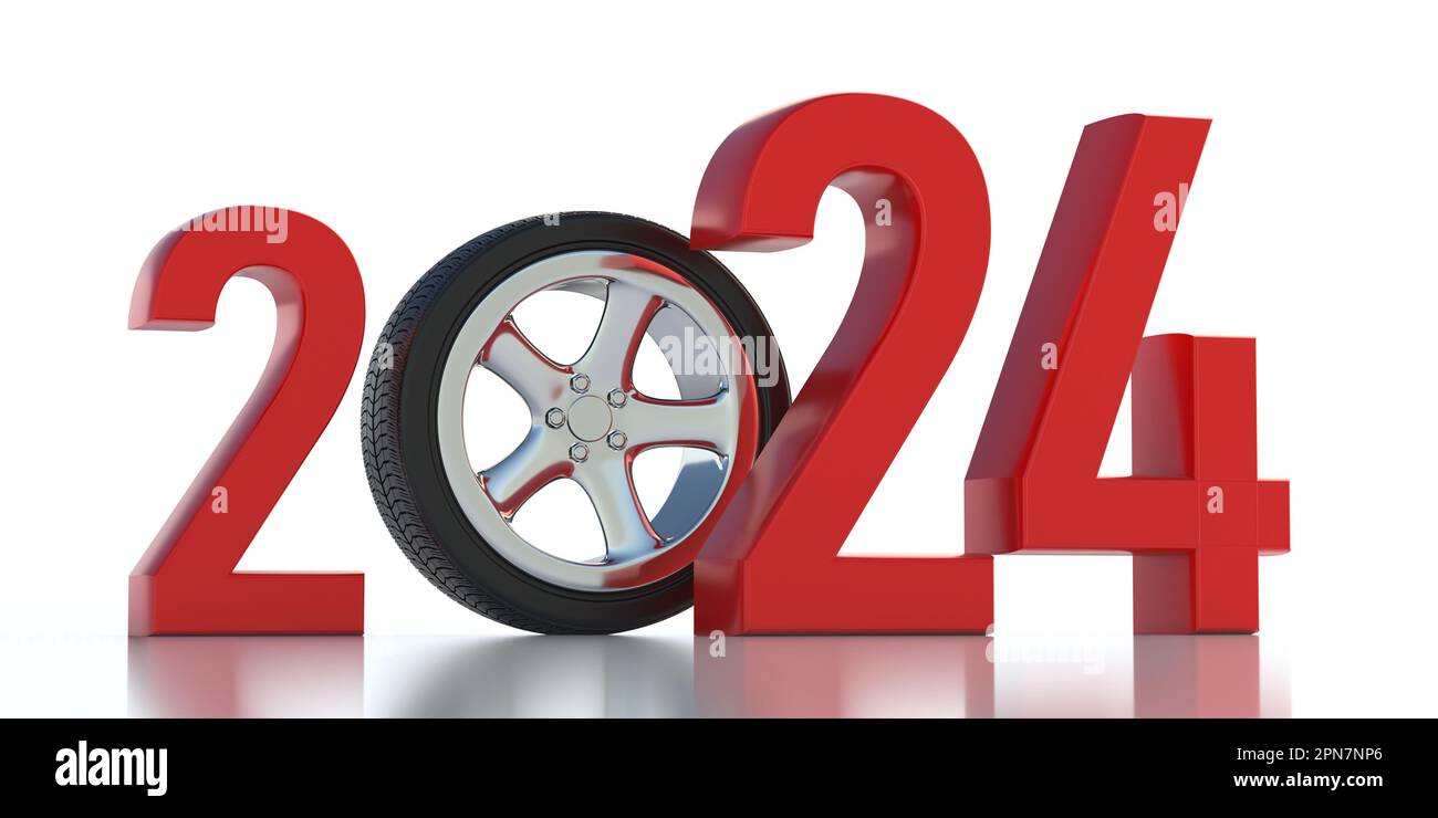 2024 New Year safe drive concept. Tire on alloy wheel between red digit ...
