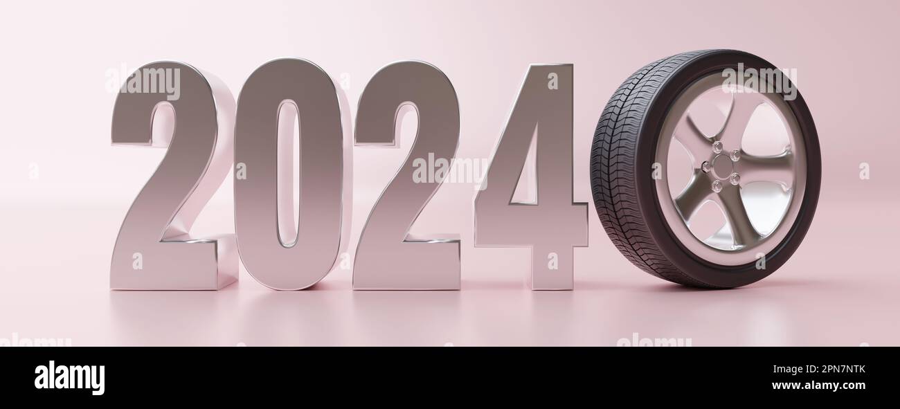 2024 New Year safe drive concept. Rim tire on alloy wheel at the end of ...
