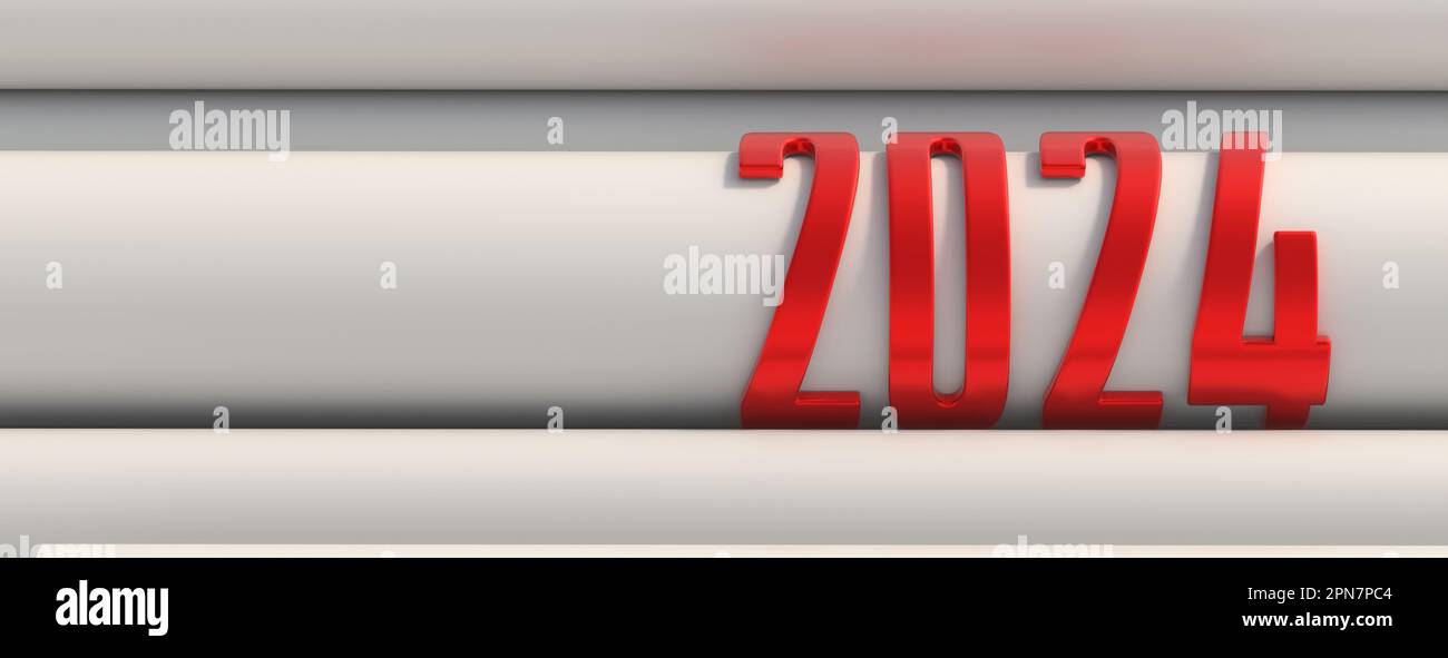 2024 New Year, red number on white PVC pipes tubes background, copy ...