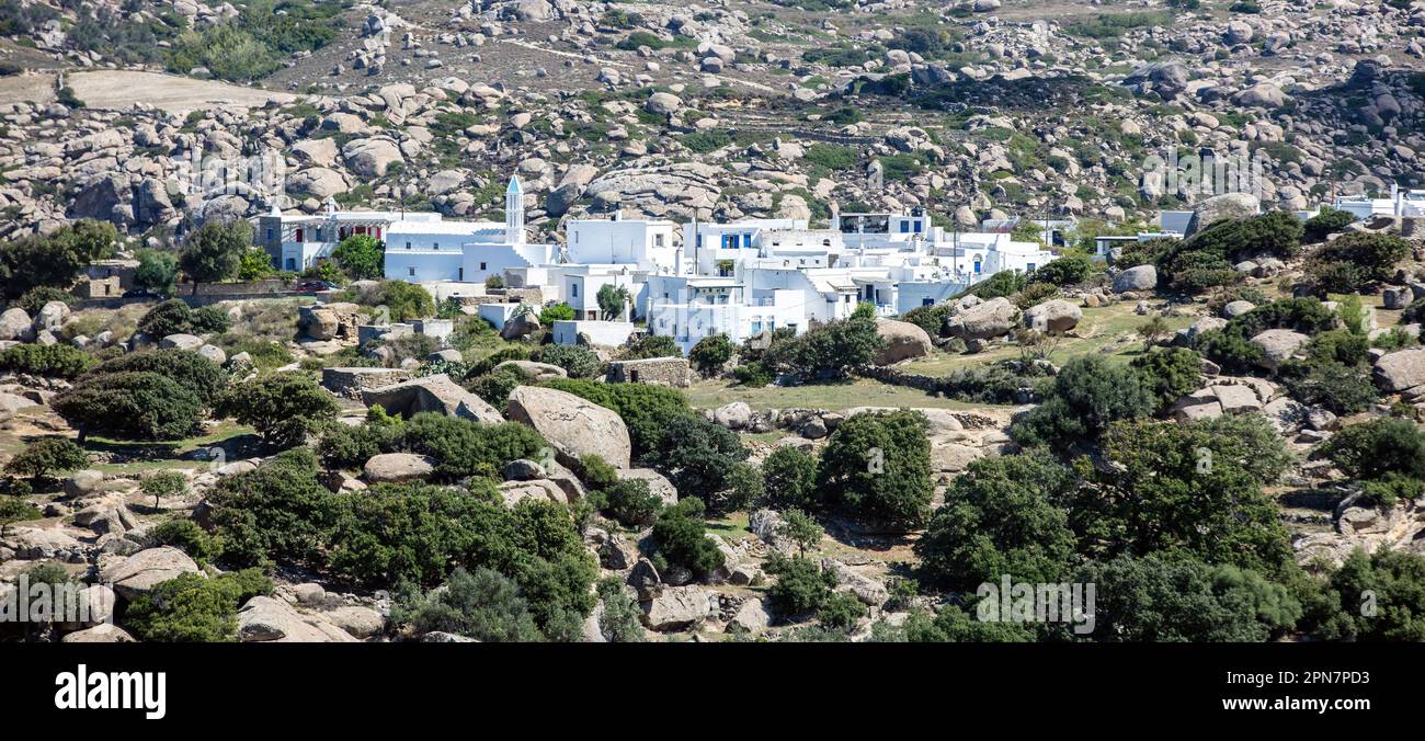 Greece. Tinos island, Cyclades. Panoramic view of whitewashed houses at ...