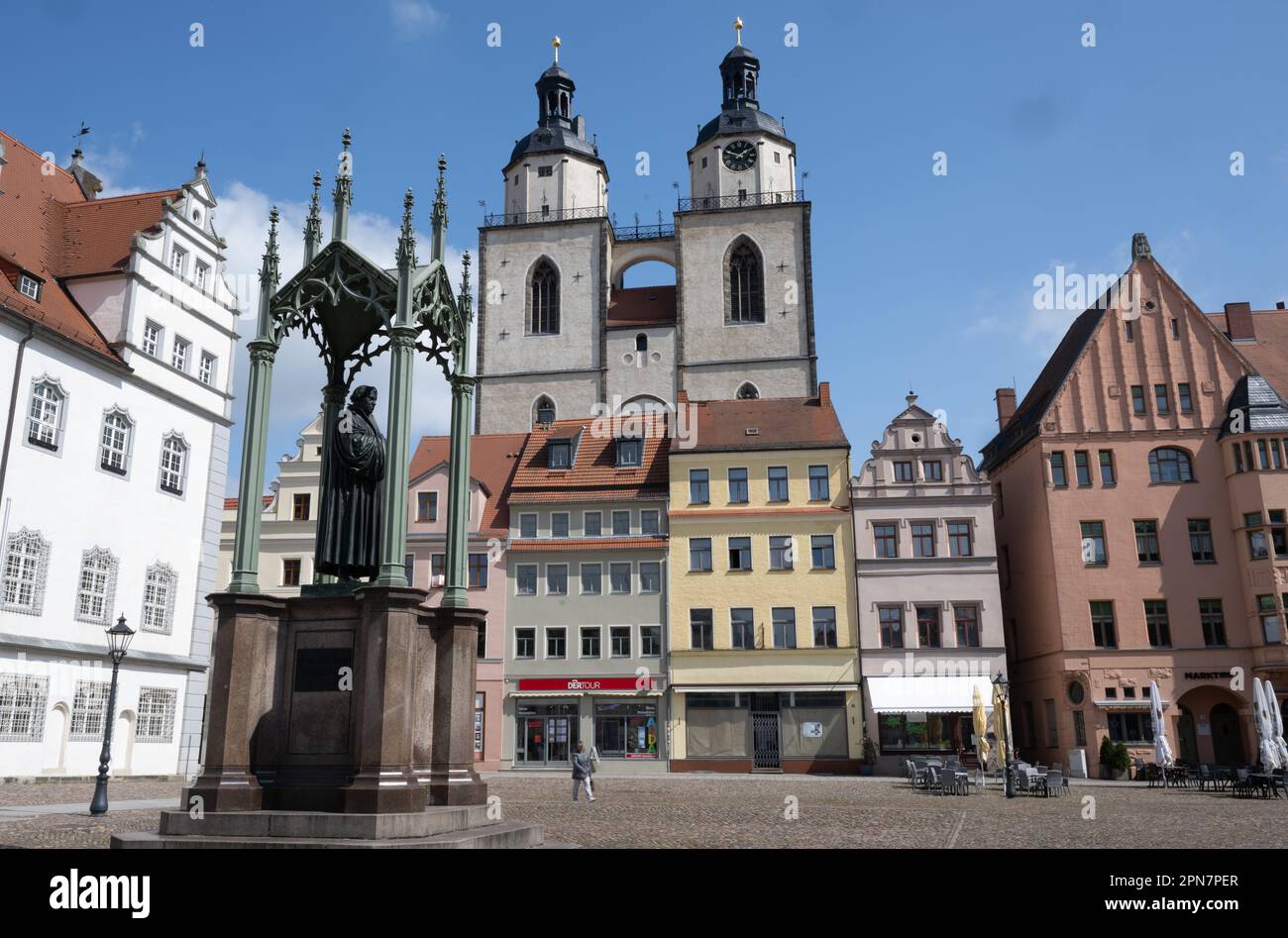 17 April 2023, Saxony-Anhalt, Lutherstadt Wittenberg: The towers of the ...