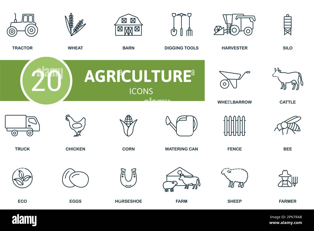 Agriculture set. Creative icons: tractor, wheat, barn, digging tools ...