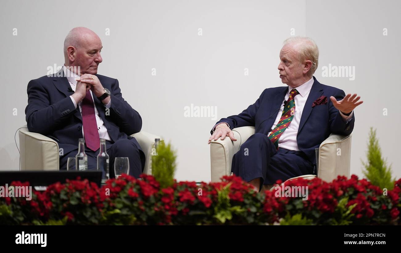 Mark Durkan (left) and Reg Empey on stage during the three-day ...