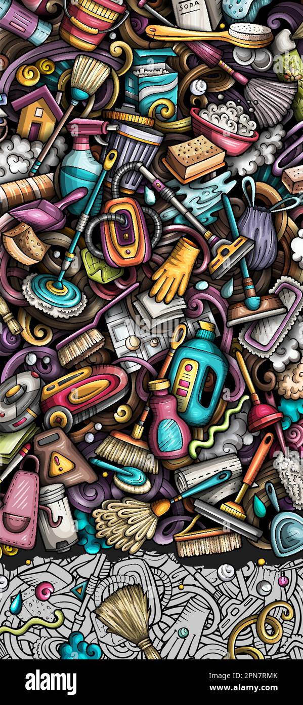 Cleaning doodle banner. Cartoon vector detailed poster Stock Vector ...