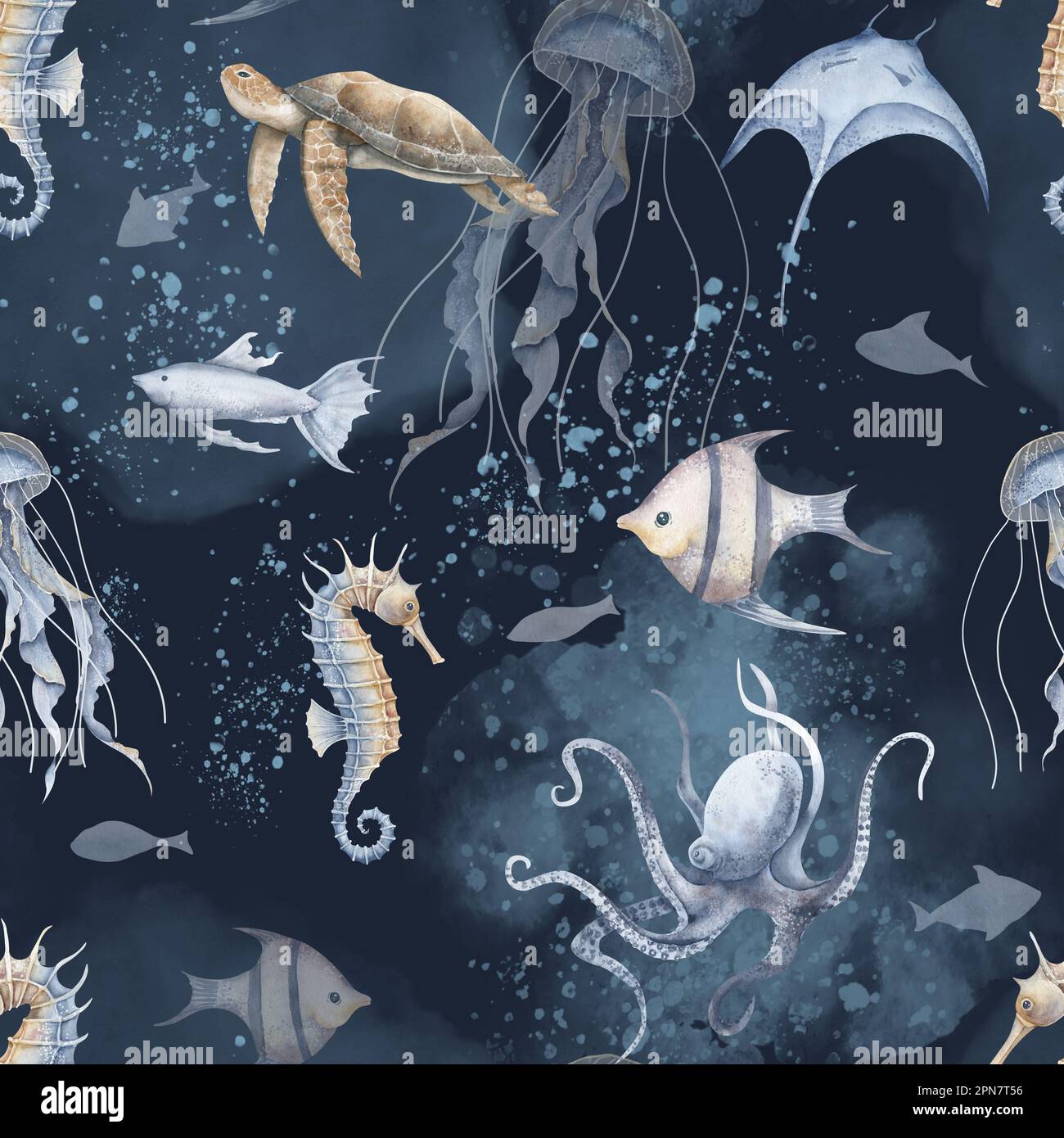 Undersea seamless Pattern with underwater animals and fishes on dark ...
