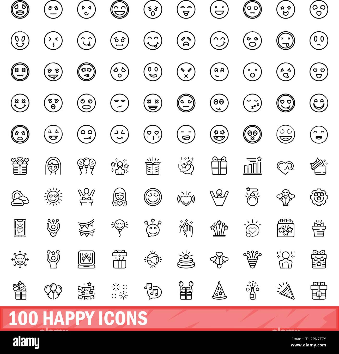 100 happy icons set. Outline illustration of 100 happy icons vector set ...