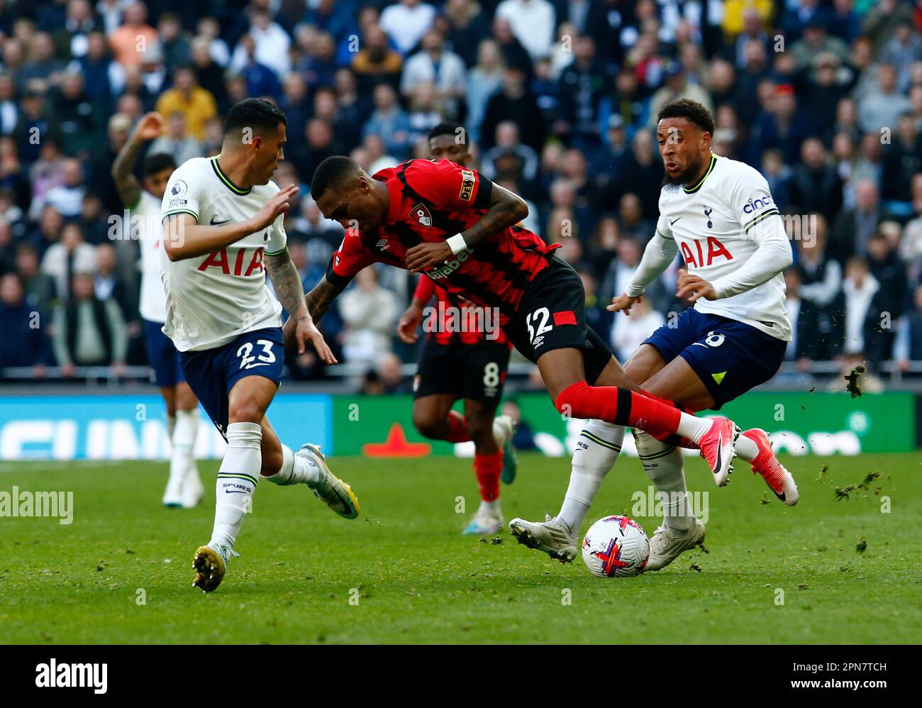 Jaidon Anthony of AFC Bournemouth gets tackled by Tottenham Hotspur's ...