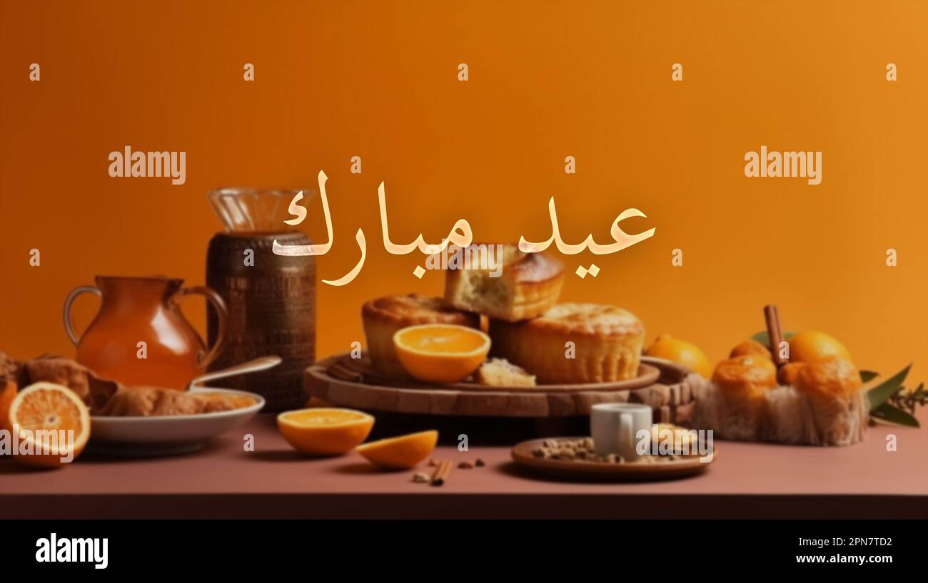 Eid, Aïd moubarak text on the first plan Middle-East food on the second ...