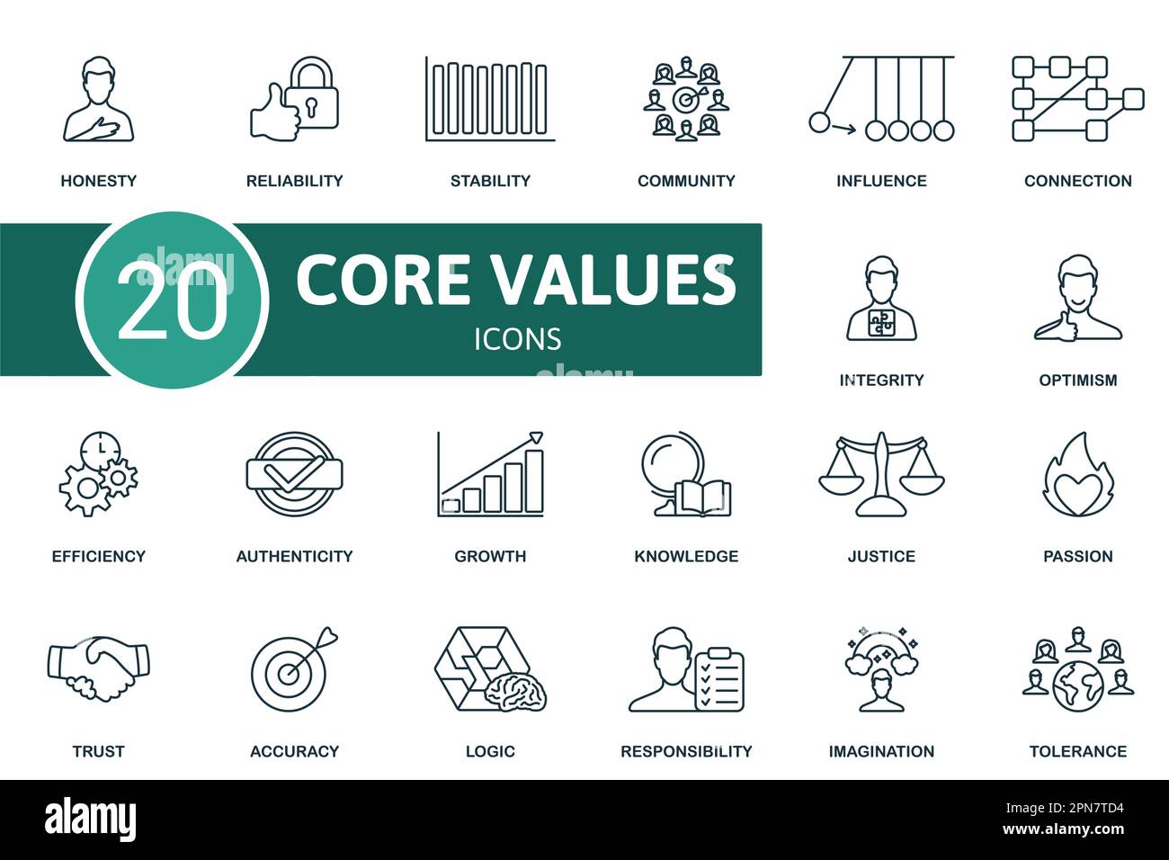 Core values set. Creative icons: honesty, reliability, stability ... Core values set. Creative icons: honesty, reliability, stability ...