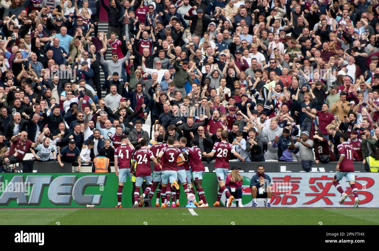 West Ham United players celebrate with fans after their 2nd goal scored ...
