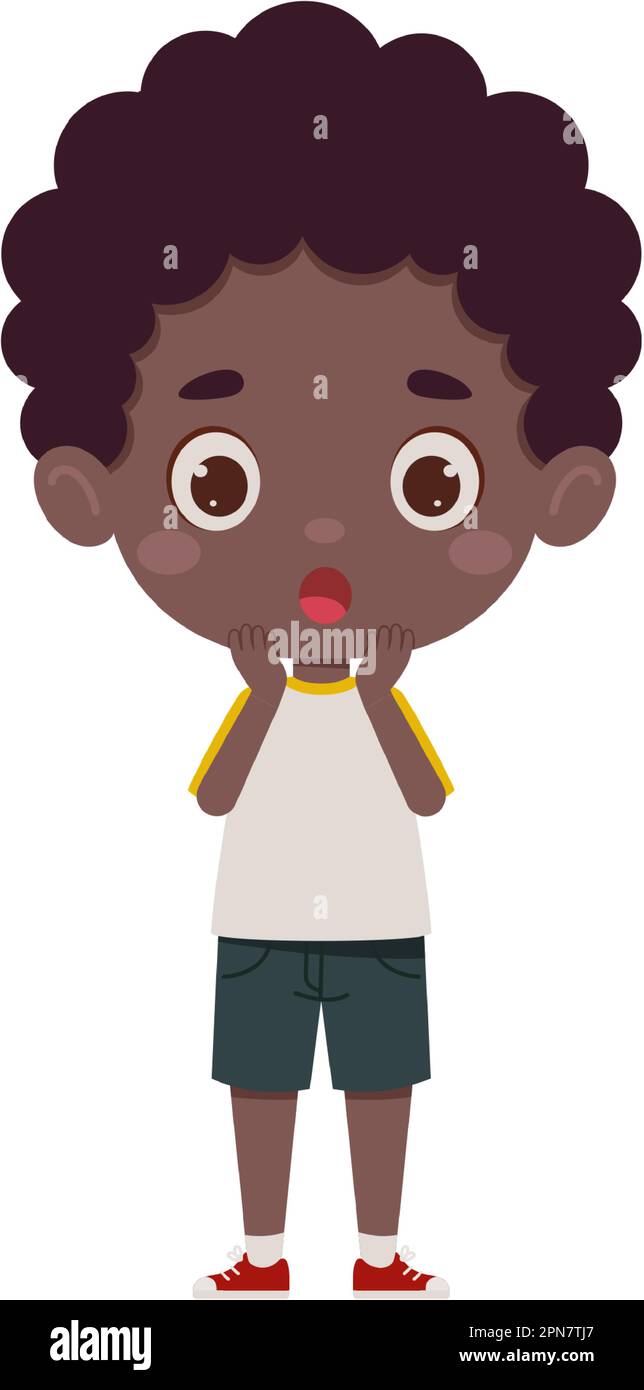 Cute cartoon little scary african boy. Little schoolboy character show ...