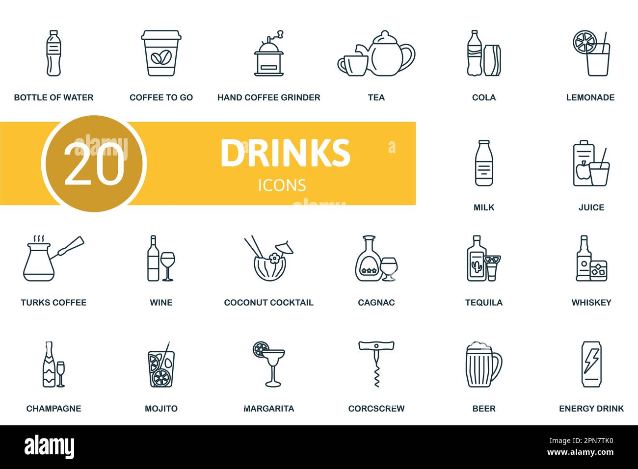 Drinks set. Creative icons: bottle of water, coffee to go, hand coffee ...