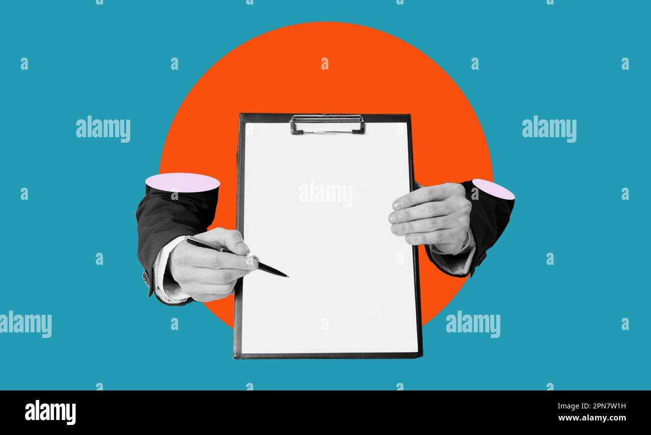 Checklist concept. Modern art collage. Hand holding a pen ...