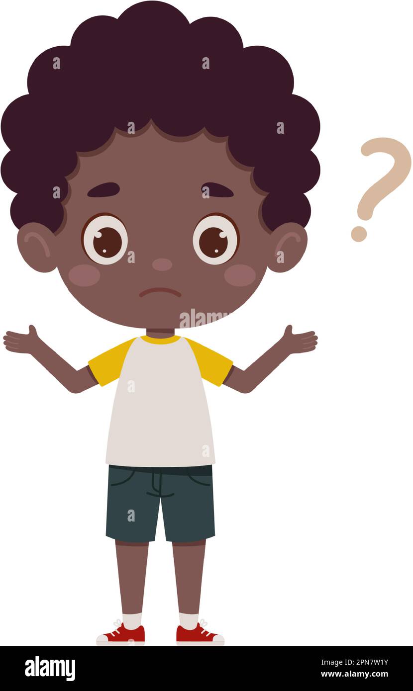 Cute little kid african boy confused with question mark. Cartoon ...