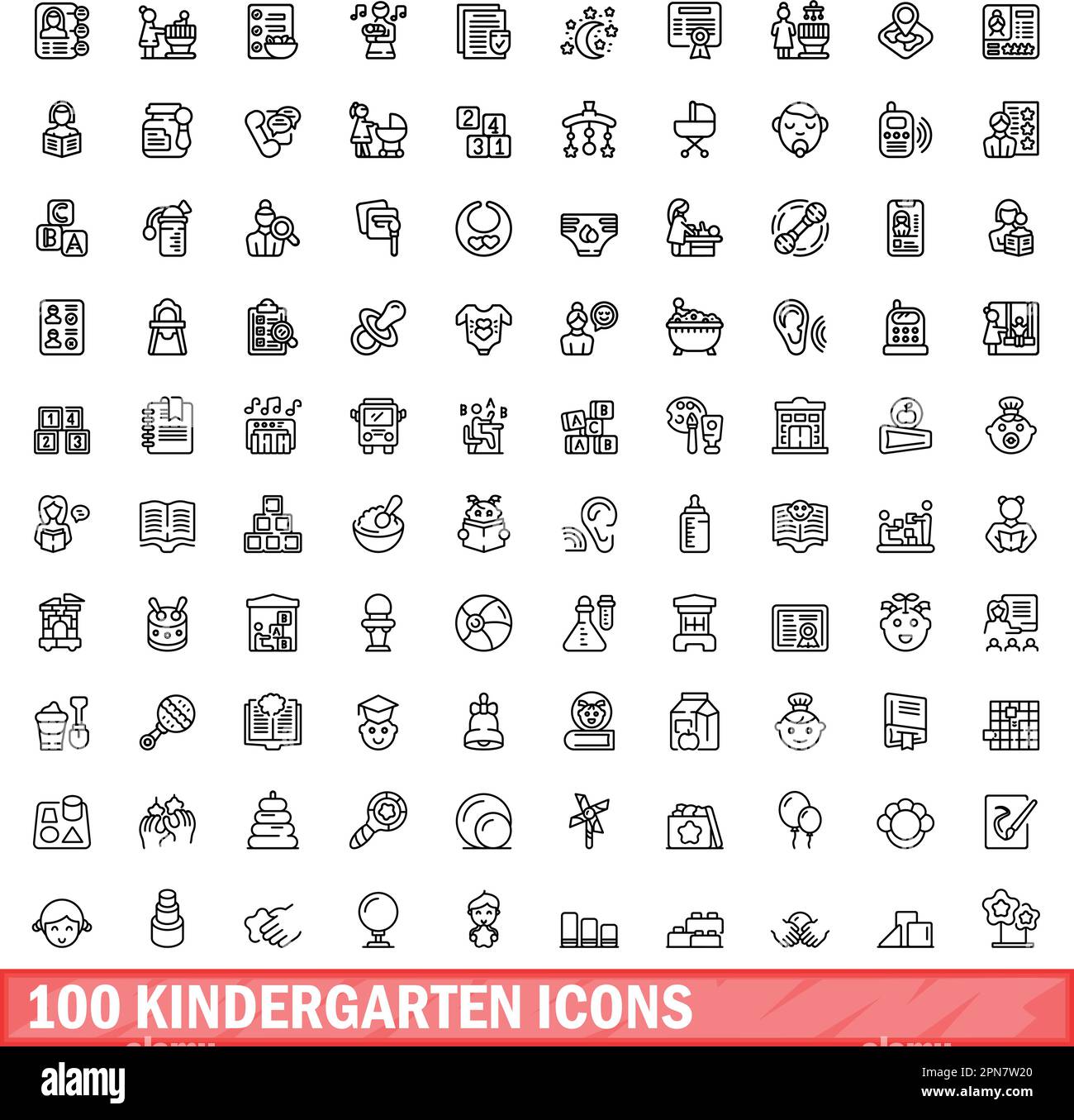 100 kindergarten icons set. Outline illustration of 100 kindergarten ...