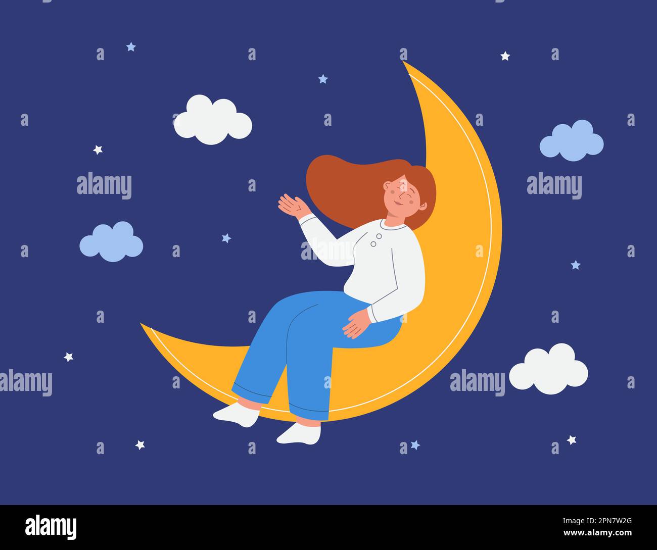 Happy calm cartoon girl sleeping on moon on blue background Stock ...