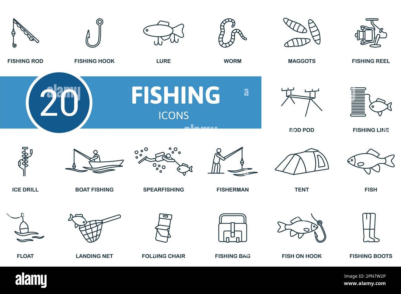 Fishing set. Creative icons: fishing rod, fishing hook, lure, worm, maggots, fishing reel, rod ...