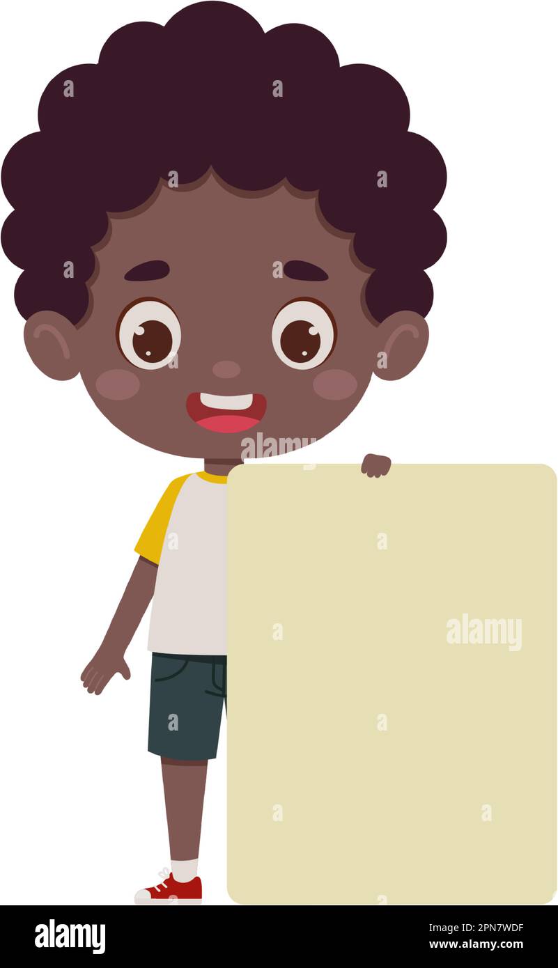 Cute little kid african boy with empty blank paper. Cartoon child ...