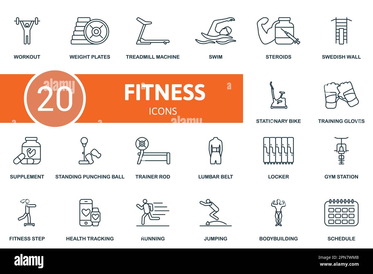 Fitness set. Creative icons: workout, weight plates, treadmill machine ...