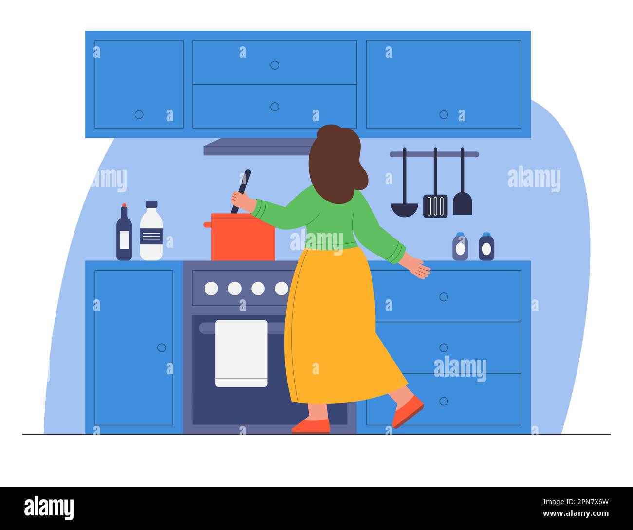 Back view of cartoon woman cooking in kitchen Stock Vector Image & Art ...