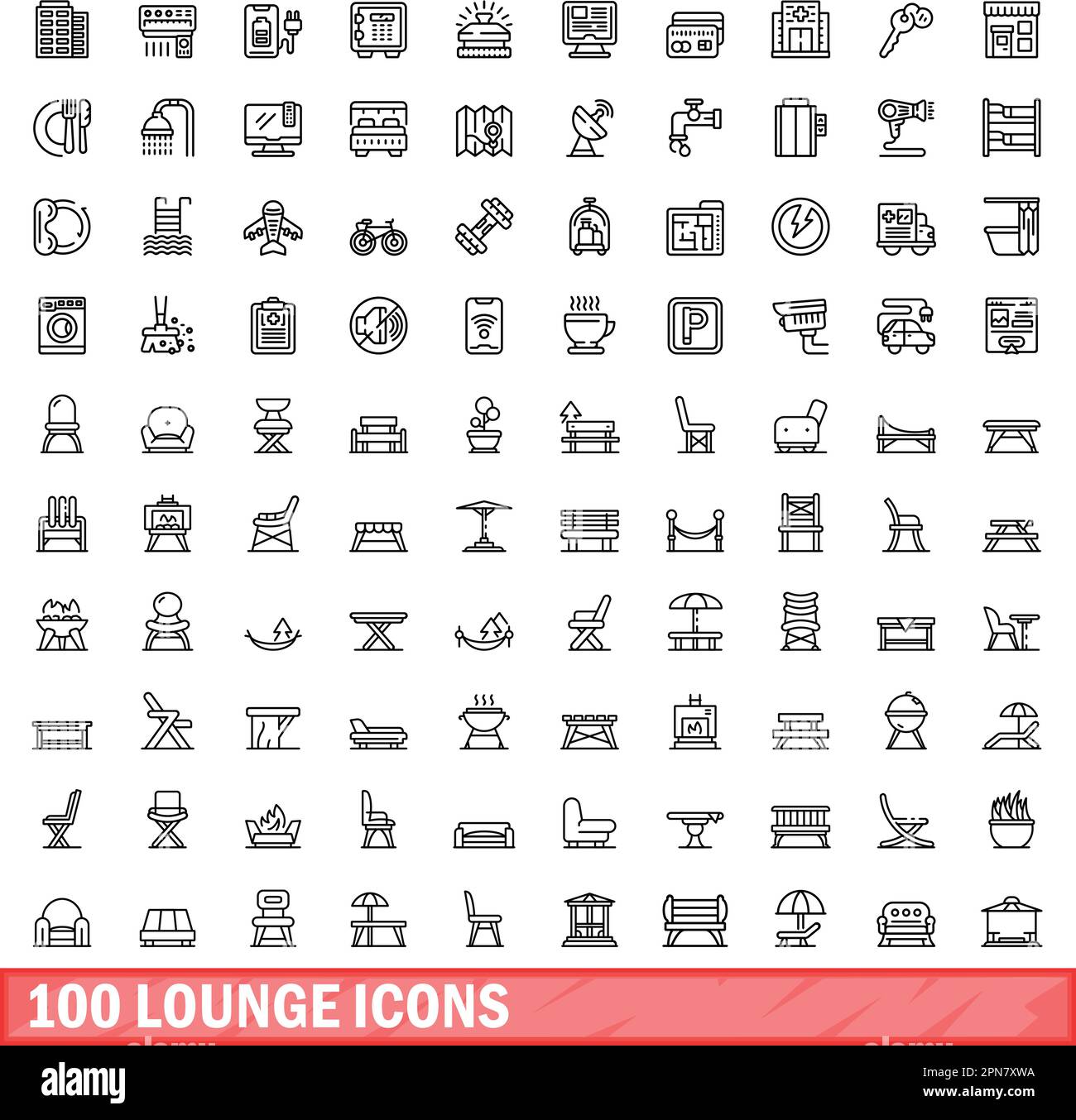 100 lounge icons set. Outline illustration of 100 lounge icons vector set isolated on white ...