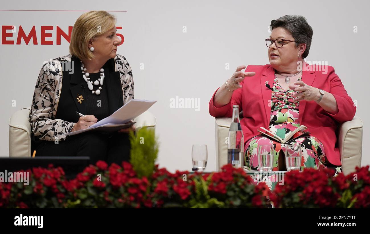 Ambassador Nancy Soderberg and Dawn Purvis (right) on stage during the ...