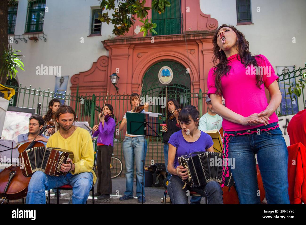 Argentina, Buenos Aires, Big band playing on the street in San Telmo ...