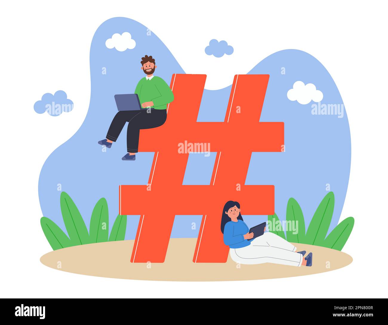 Tiny business people sitting on huge hashtag symbol Stock Vector Image ...