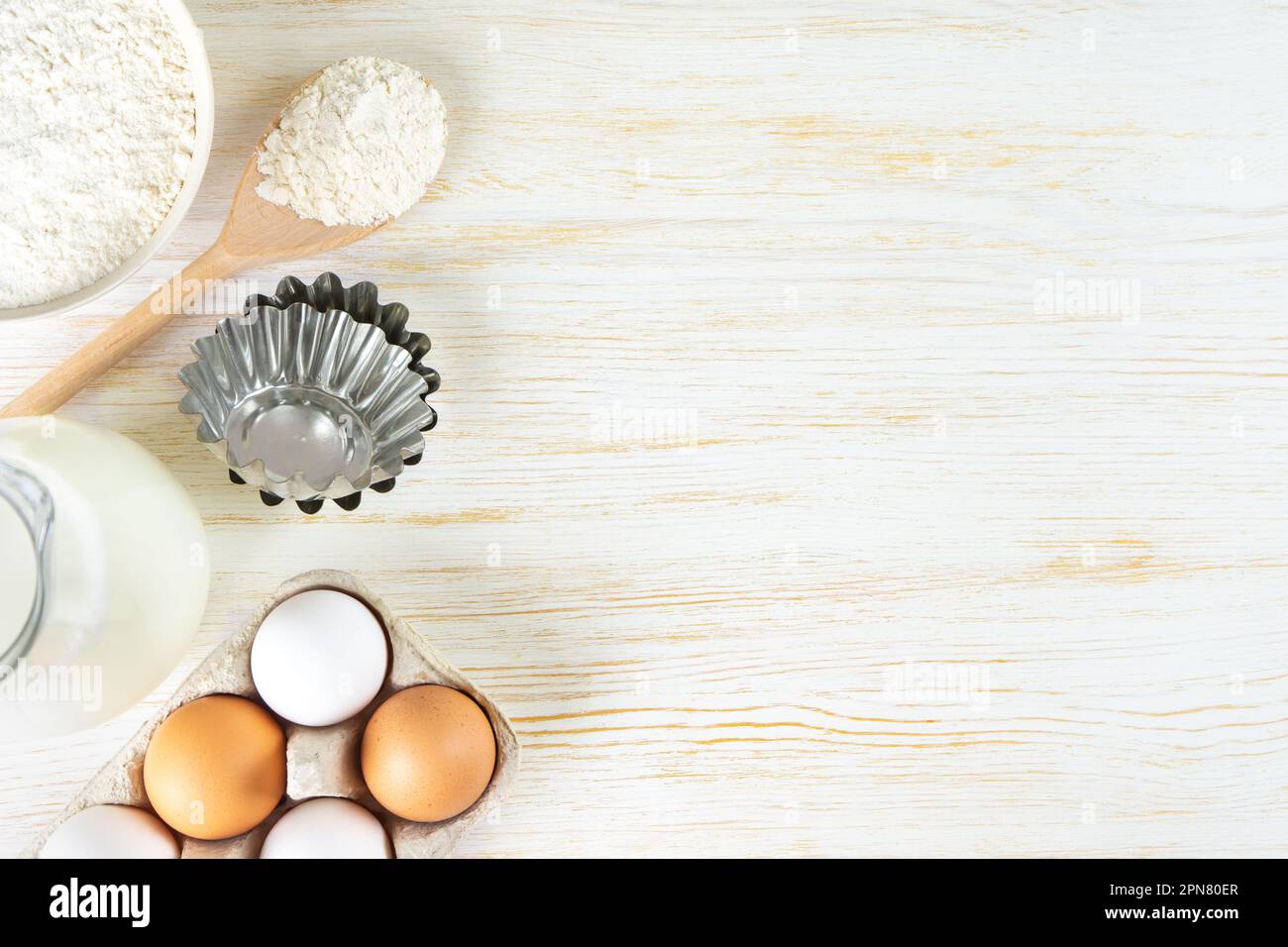 Baking cooking Ingredients background with copy space. Flour, eggs ...